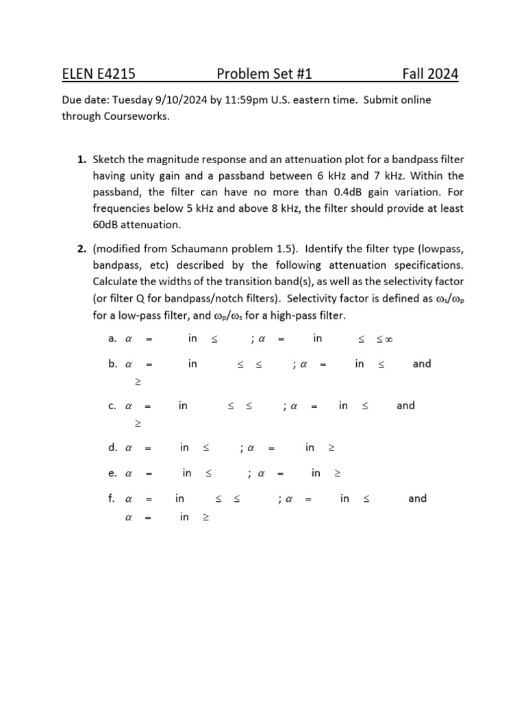 ELEN E4215 Problem Set #1 Fall 2024: DB DB DB DB | PDF