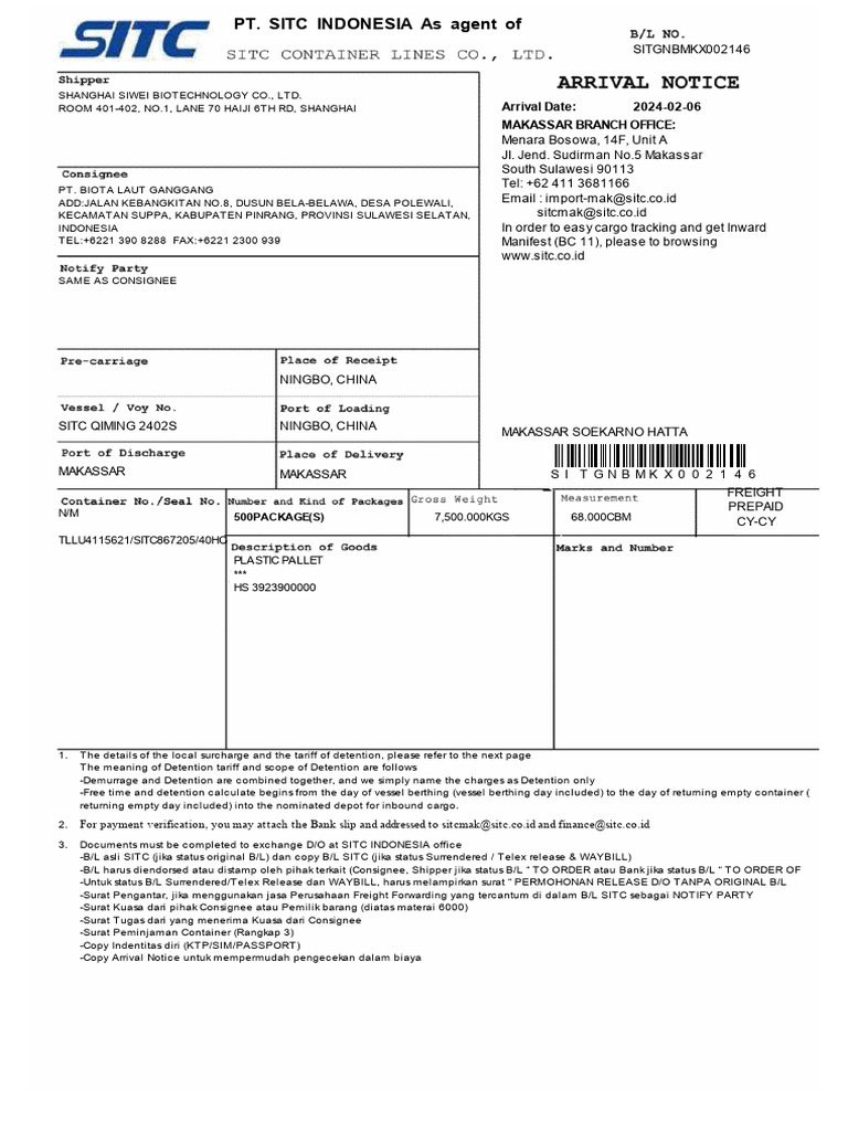 Arrivalnotice Sitgnbmkx002146 | PDF | Transport | Consumer Goods