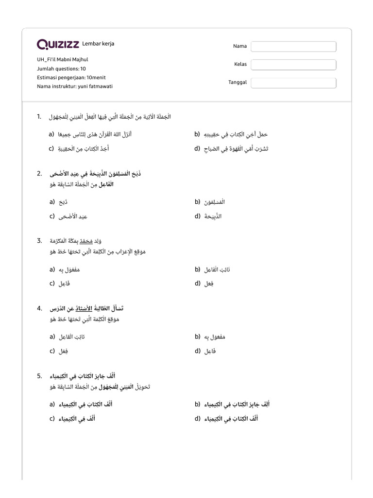 UH - Fi'il Mabni Majhul - Quizizz | PDF
