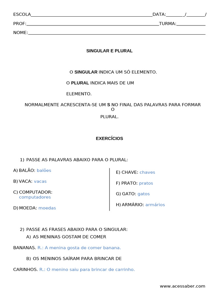 Atividade de Portugues Singular Ou Plural 2º Ano Respostas | PDF