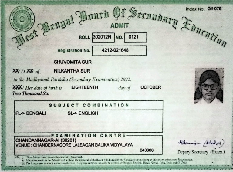 Madhyamik Pariksha 2022 Admit Card | PDF