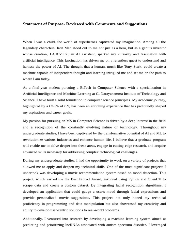 Statement of Purpose - Comments and Suggestions | PDF | Artificial ...