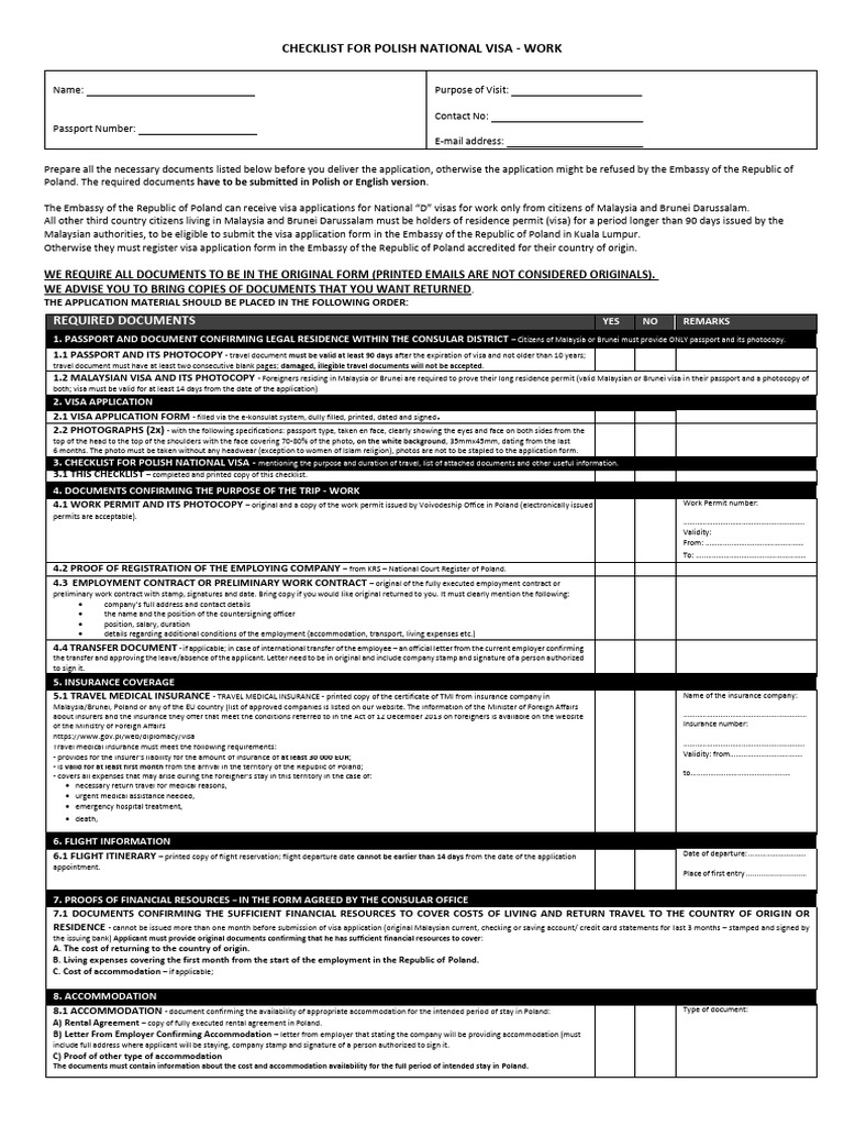 Polish National Visa Work Checklist | PDF | Travel Visa | Passport