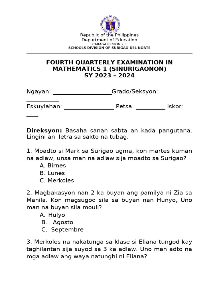 Q4-M1 - TQ - SURIGAONON - Final | PDF