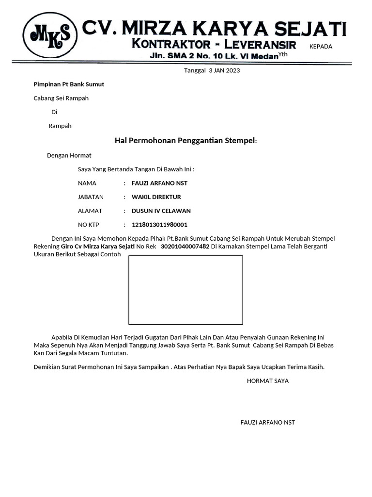 15. kop surat CV. MIRZA KARYA SEJATI | PDF