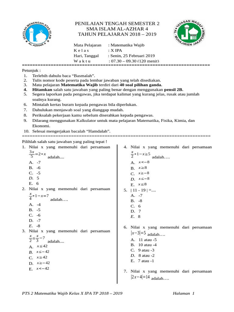 PTS 2 Mat Wajib KLS 10 Ipa 1819 | PDF