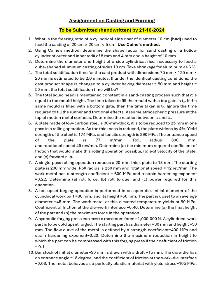 ME-213 Assignment 2-Casting and Forming | PDF | Extrusion | Deformation (Engineering)