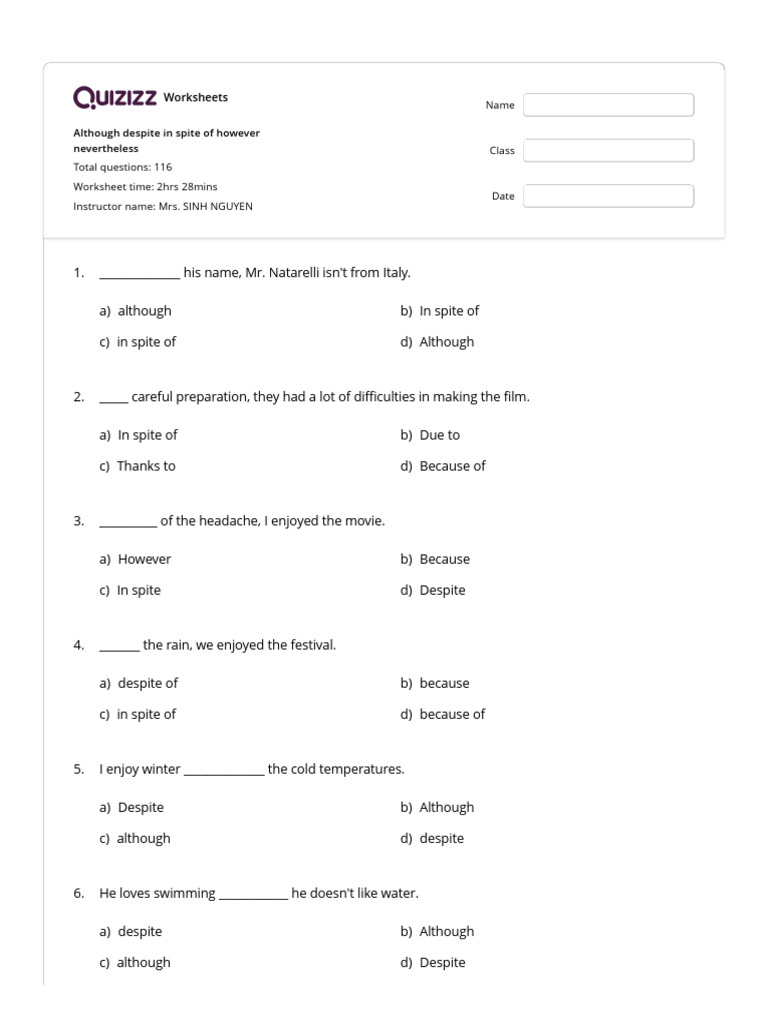 Although Despite in Spite of However Nevertheless - Quizizz-Trang | PDF ...
