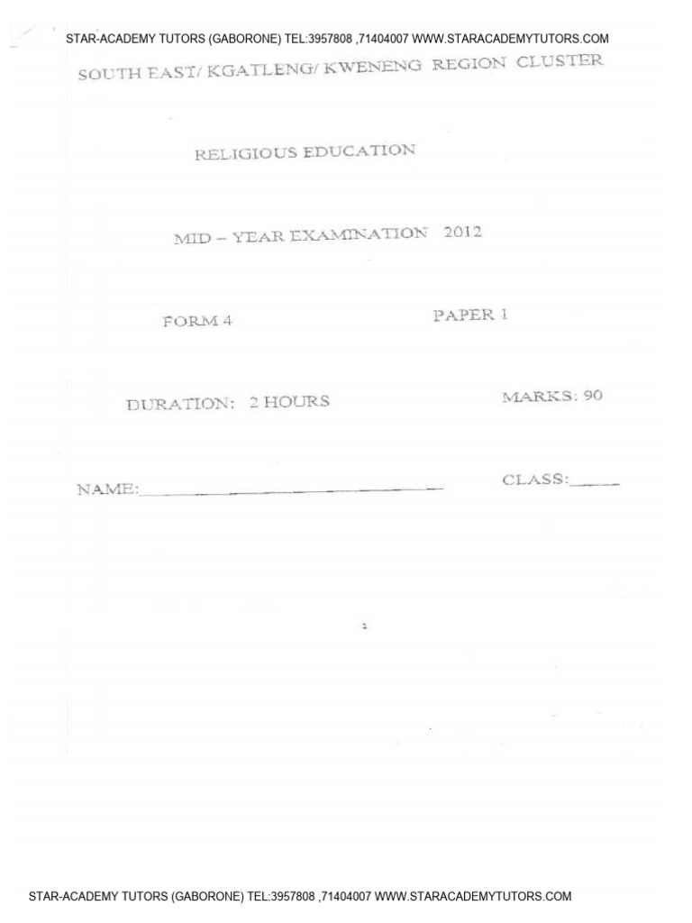RELIGIOUS EDUCATION MID YEAR EXAMINATION FORM 4 PAPER 1 2012 | PDF