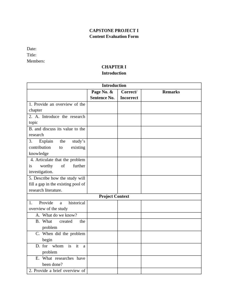 Capstone Project I - Content Evaluation Form (Chapter 1-2) | PDF ...