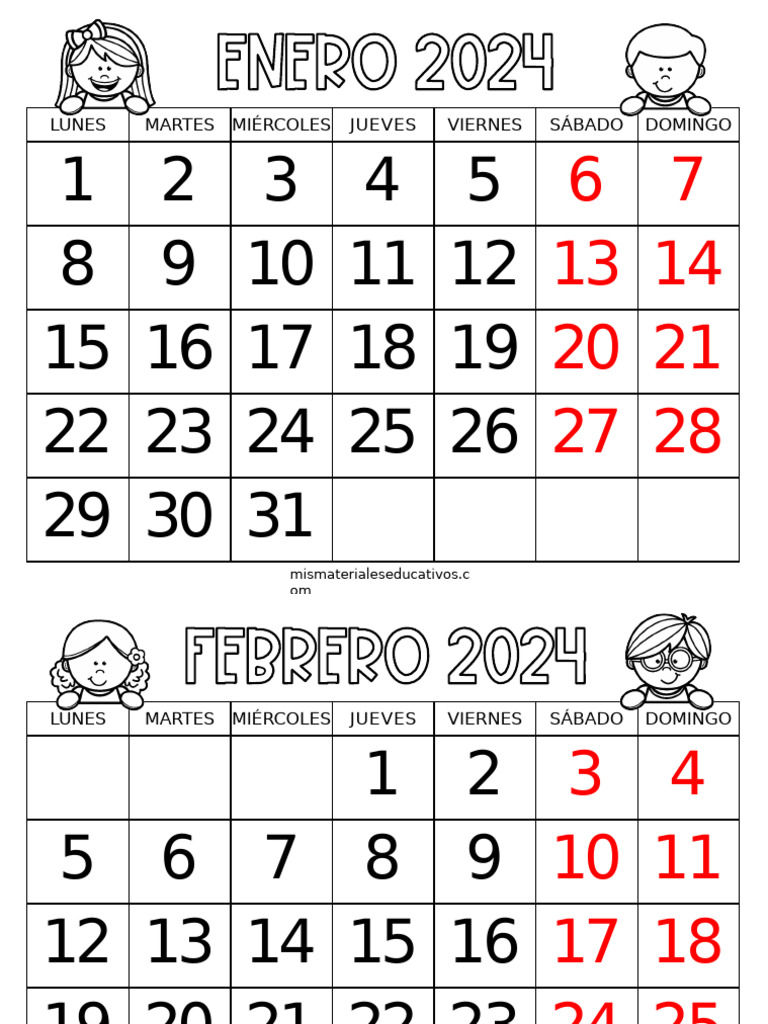 Mis Materiales Educativos S Carta BN Calendario 2024 Con NIÑAS y NIÑOS ...