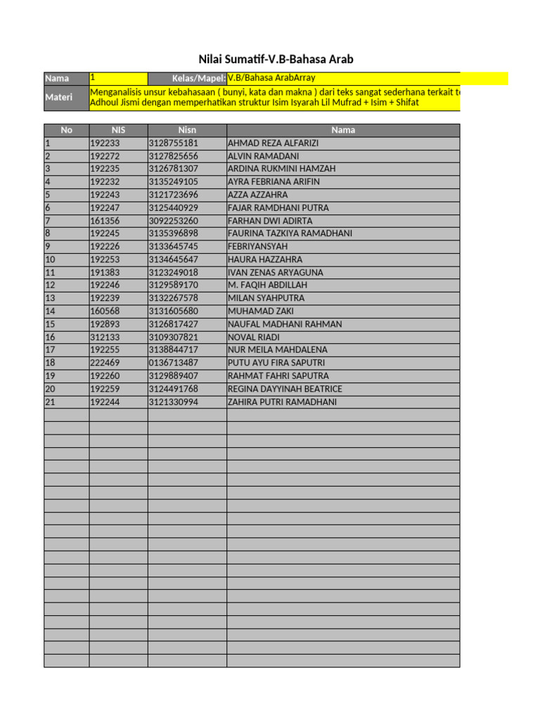 Nilai Sumatif-V.B-Bahasa Arab | PDF