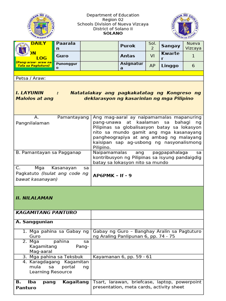 DLL COT Kongreso NG Malolos | PDF