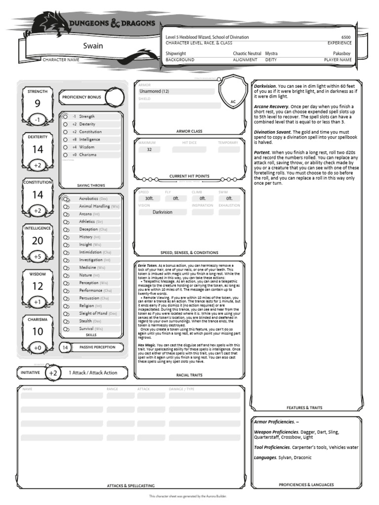 Level 5 Hexblood Divination Wizard Sheet | PDF | Dungeons & Dragons ...