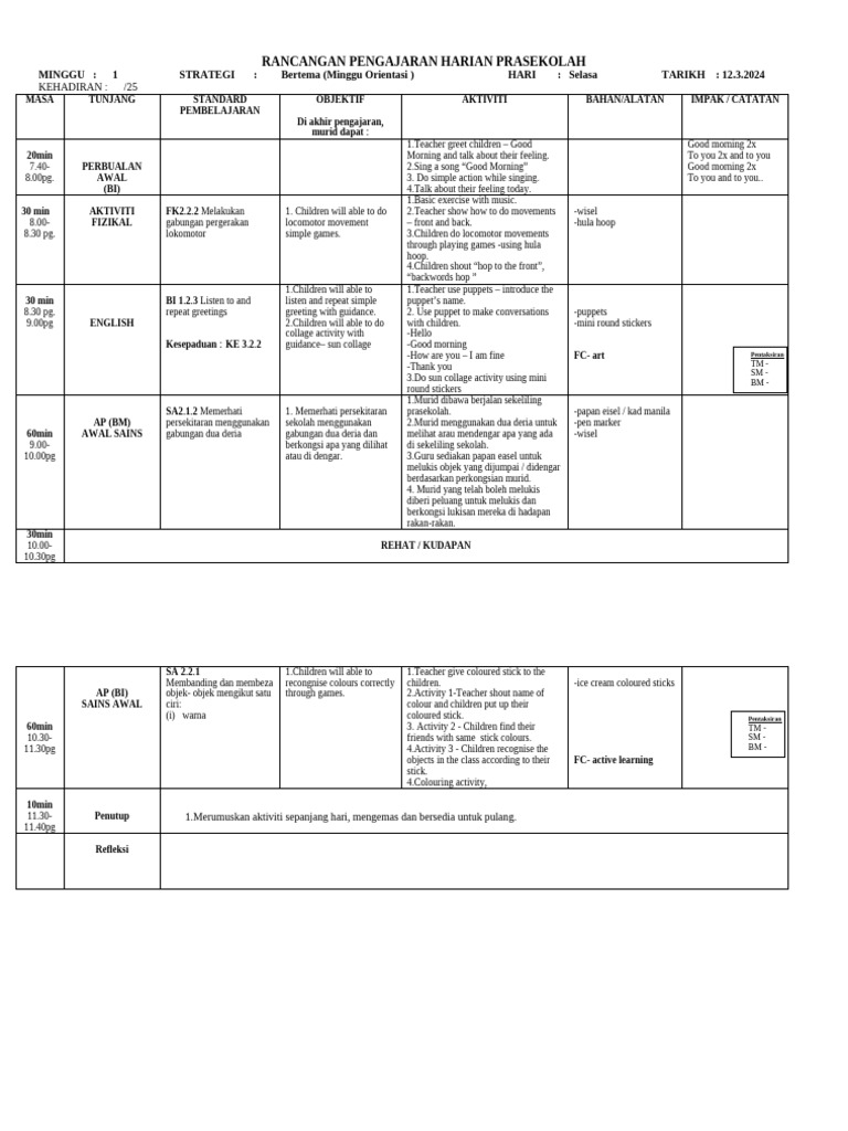 Rancangan Pengajaran Harian Prasekolah: Kehadiran: /25 | PDF