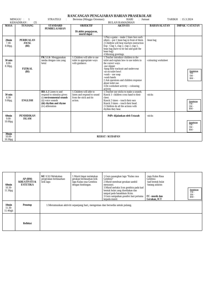 Rancangan Pengajaran Harian Prasekolah: TM-SM - BM | PDF