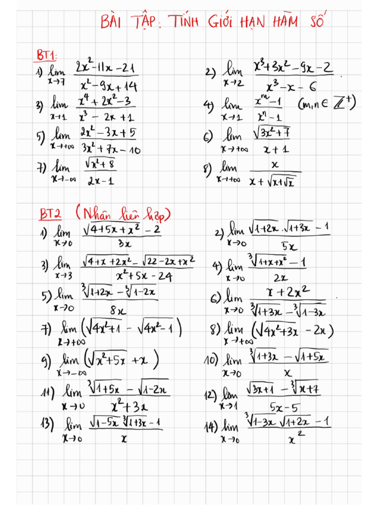 BT Giới hạn hàm số GT1 | PDF