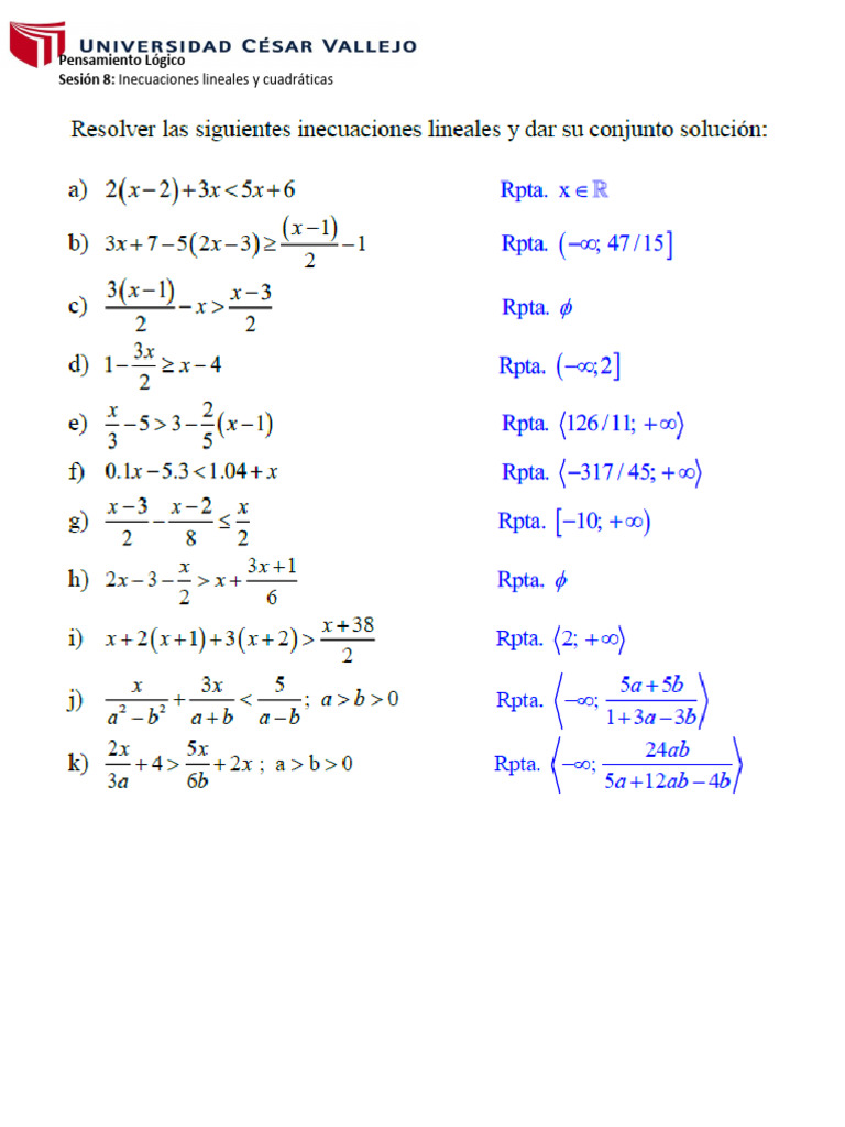 Practica 8-Inecuaciones Lineales y Cuadraticas | PDF