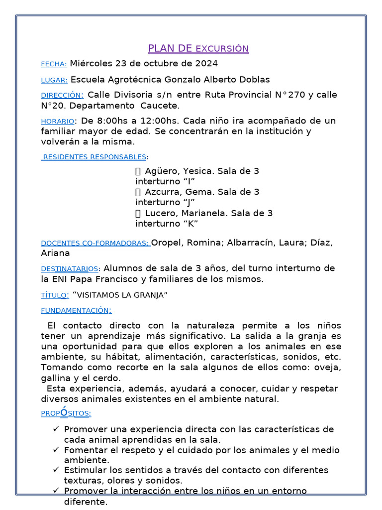 Plan de Excursion | PDF | Cognición