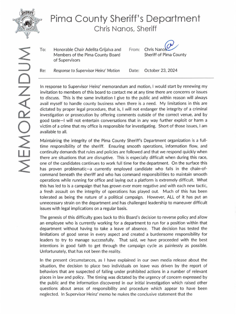 Sheriff Chris Nanos Memorandum To The Pima County Board of Supervisors ...