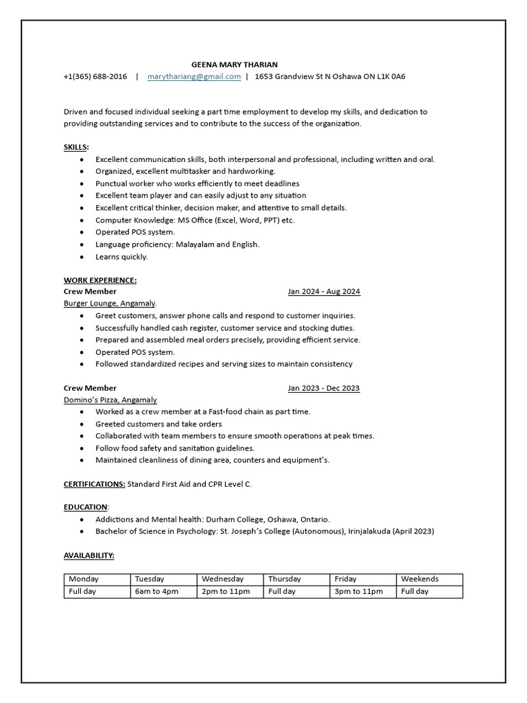 Crew Member Resume | PDF