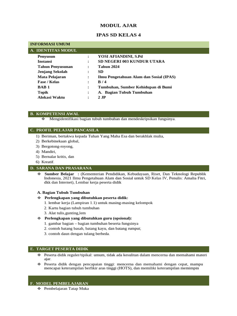 SUPERVISI Modul Ajar Ipas Kelas 4 Tentang Bagian Tubuh Tumbuhan | PDF