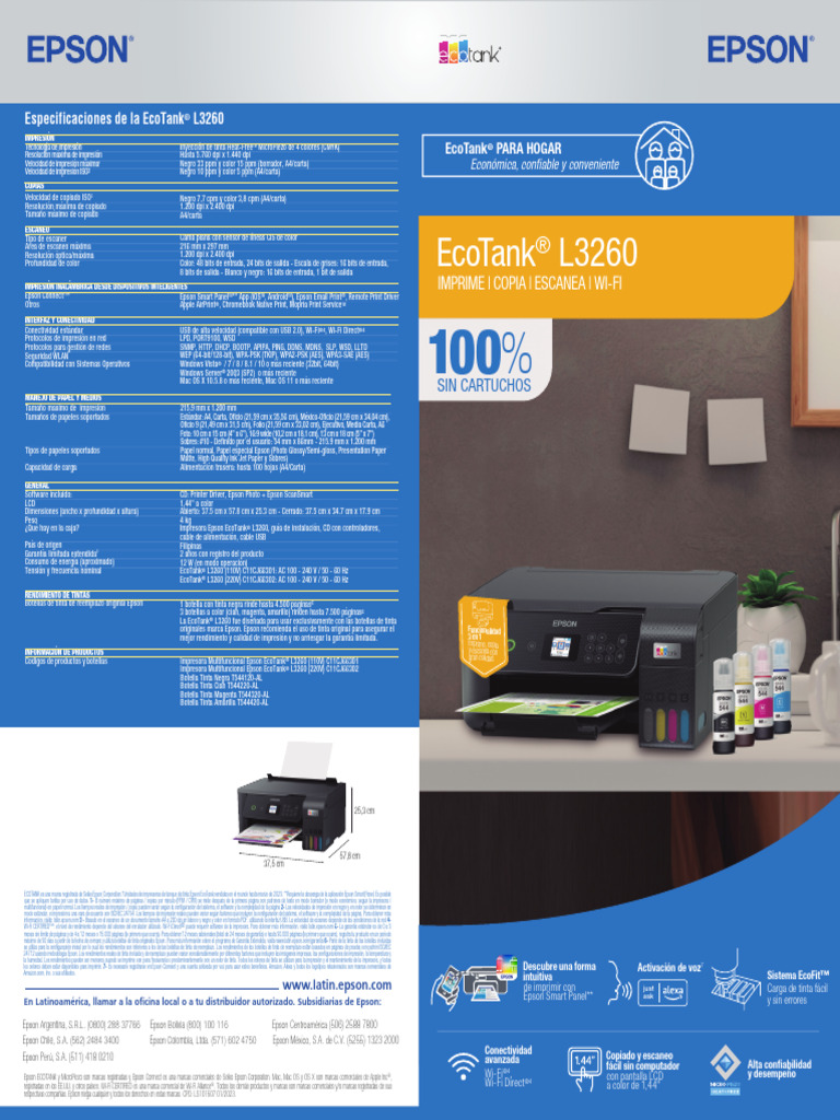 Especificaciones EcoTank L3260 v2 PDF | PDF | Impresora (Computación ...