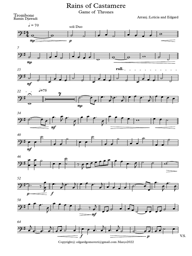 Rains of Castamere Quintet - Trombone | PDF