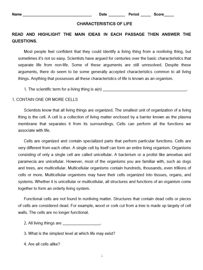 Characteristics of Life Worksheet | PDF | Reproduction | Sexual ...