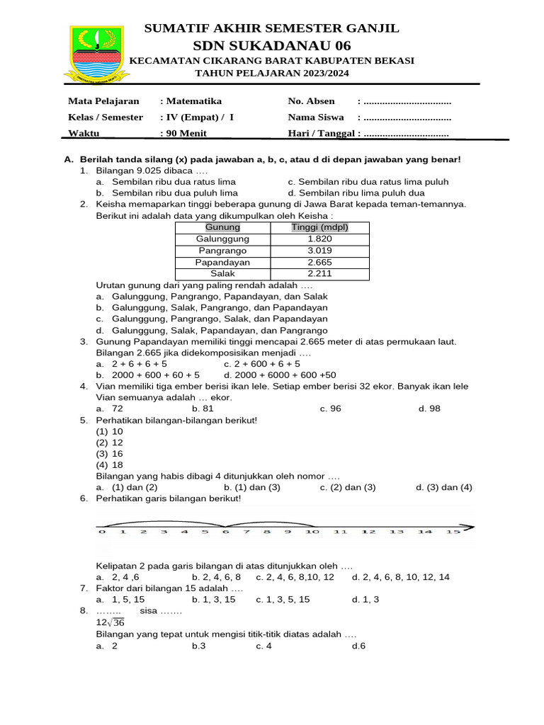 MTK Sumatif Akhir Semester Ganjil | PDF