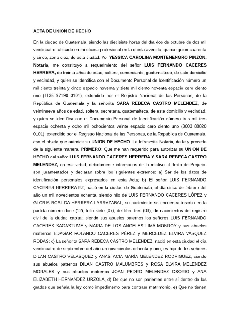 Acta de Union de Hecho | PDF | Derecho