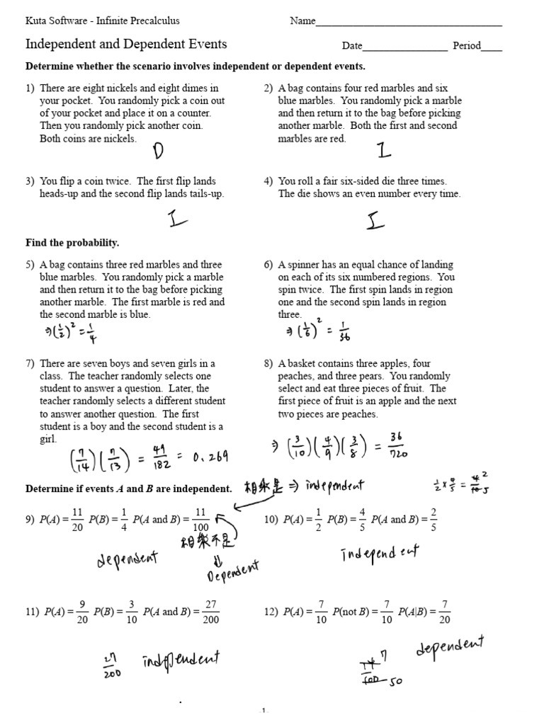 Independent and Dependent Events worksheet | PDF | Probability ...