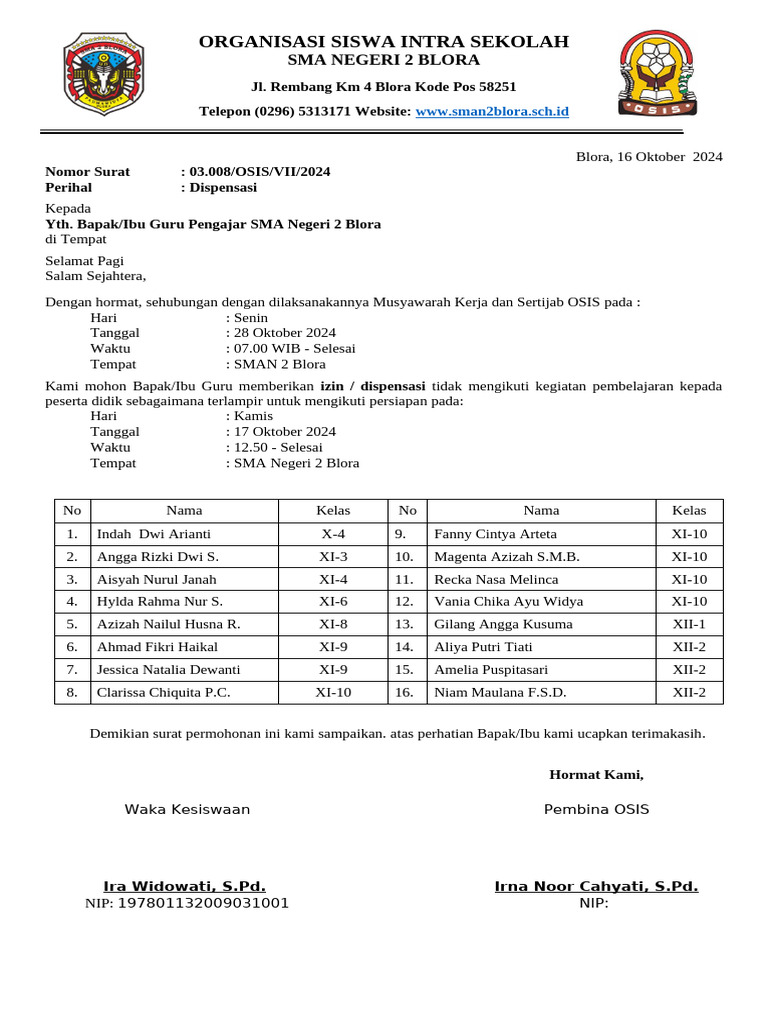 Surat Dispen OSIS | PDF
