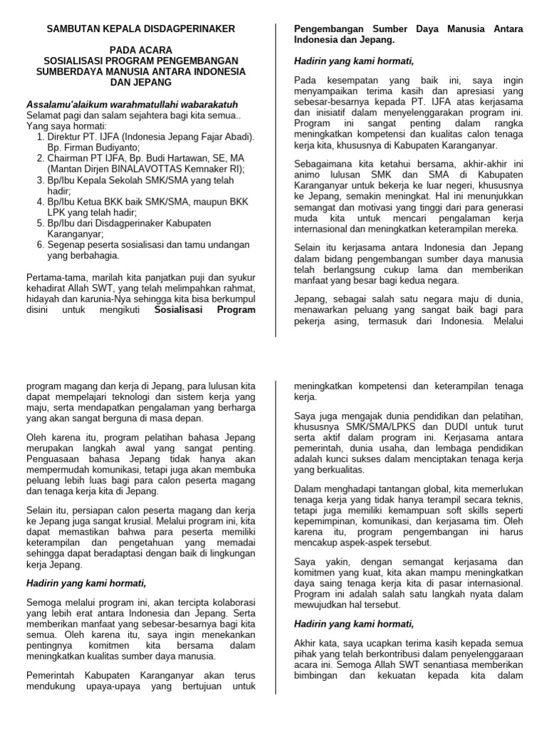 Sambutan Kadis Sosialisasi Program Pengembangan SDM Jepang | PDF ...