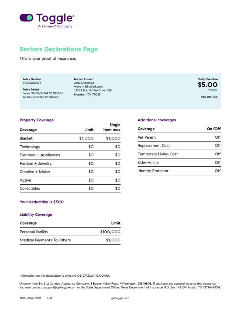Renters Insurance Declarations Page | PDF | Insurance | Underwriting