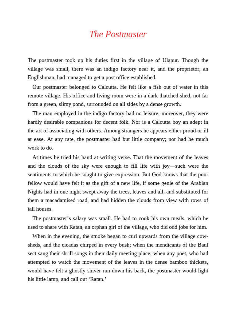 The Postmaster by Rabindranath Tagore | PDF