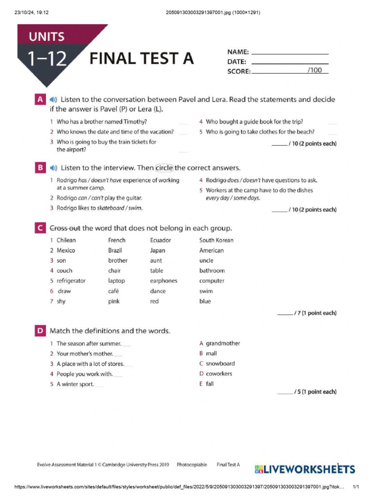 Evolve 1 Final Test | PDF