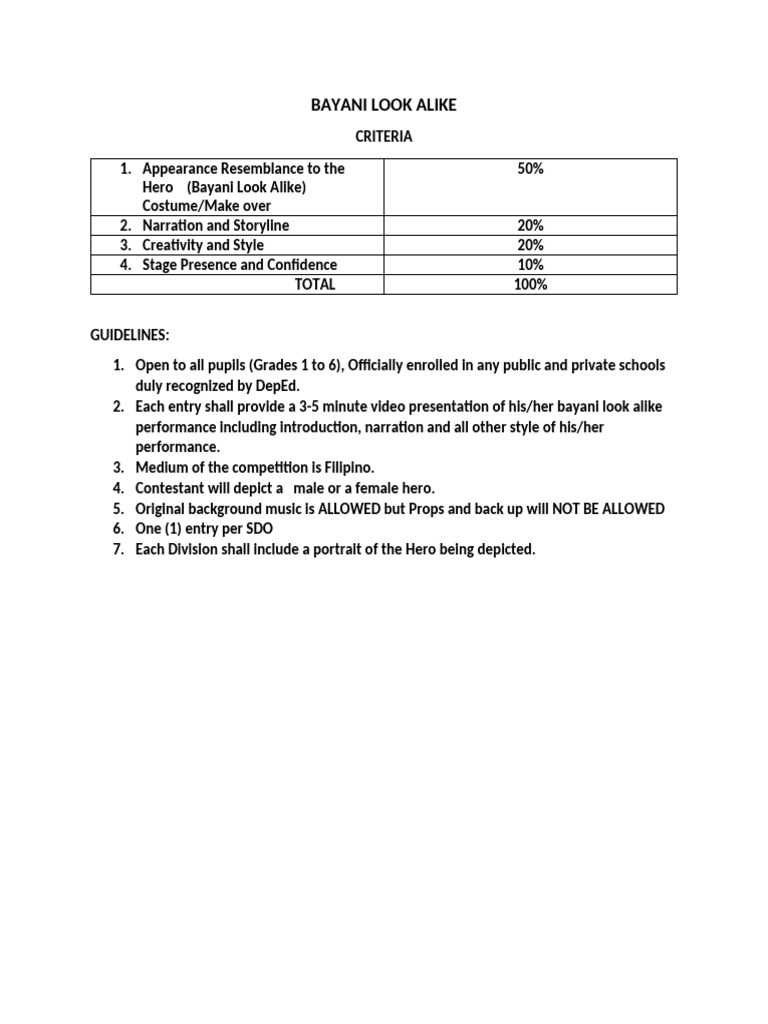 Bayani Look Alike Criteria | PDF