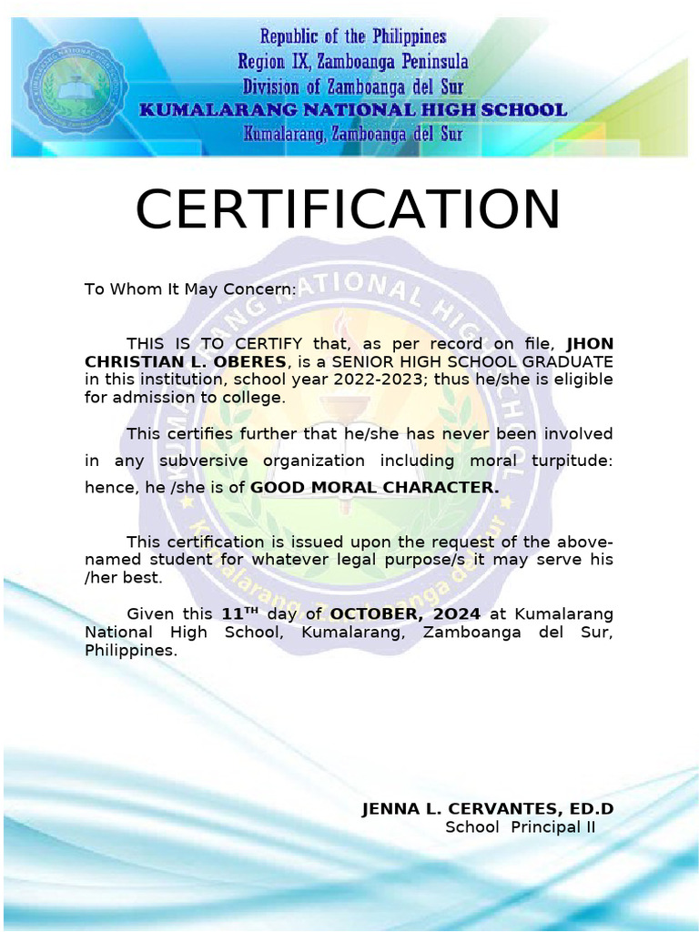 Senior High School Graduate Cert | PDF