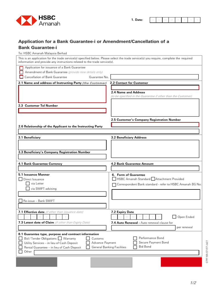 Application For Bank Guarantee I or Amendment Cancellation of A Bank ...