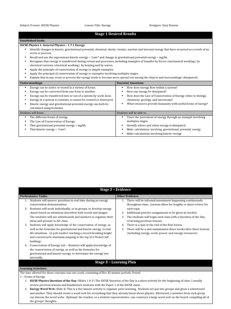 Energy Lesson Plan | PDF | Potential Energy | Mass
