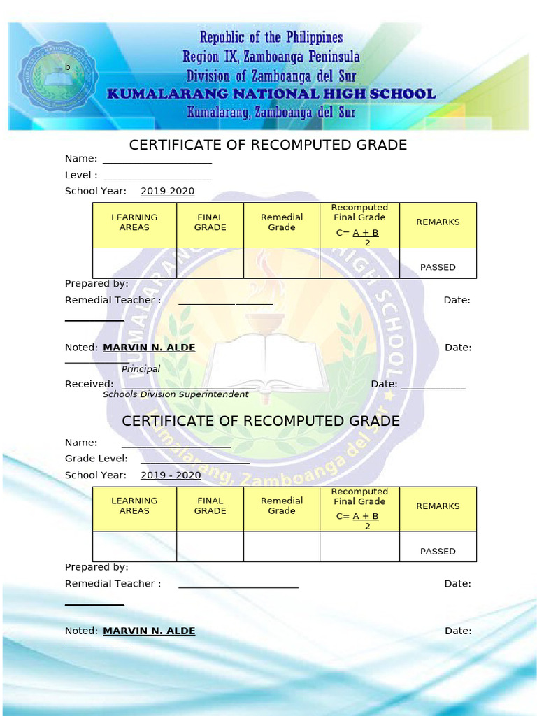Certificate of Recomputed Grades New | PDF
