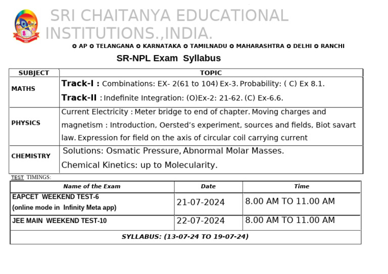 21-07-2024 & 22-07-2024 SR-NPL Exam Syllabus | PDF | Science ...