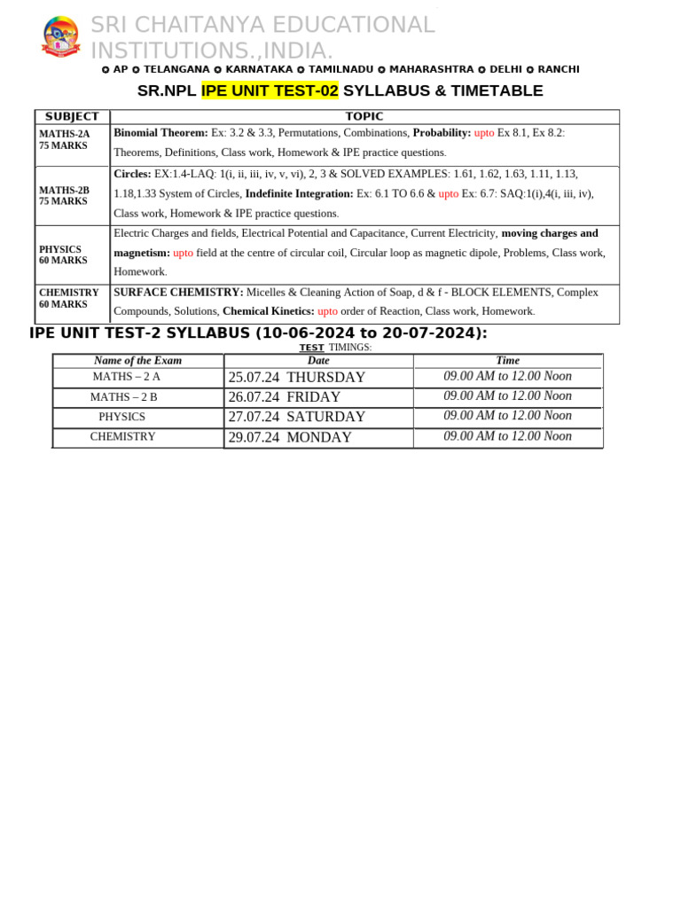 25-07-24 To 29-07-24 - SR - NPL - Ipe Ut-1 - Time Table & Syllabus | PDF | Technology & Engineering