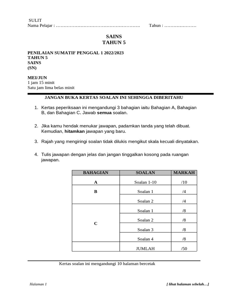 PS Sains 1 Penggal 1 THN 5 2023 | PDF