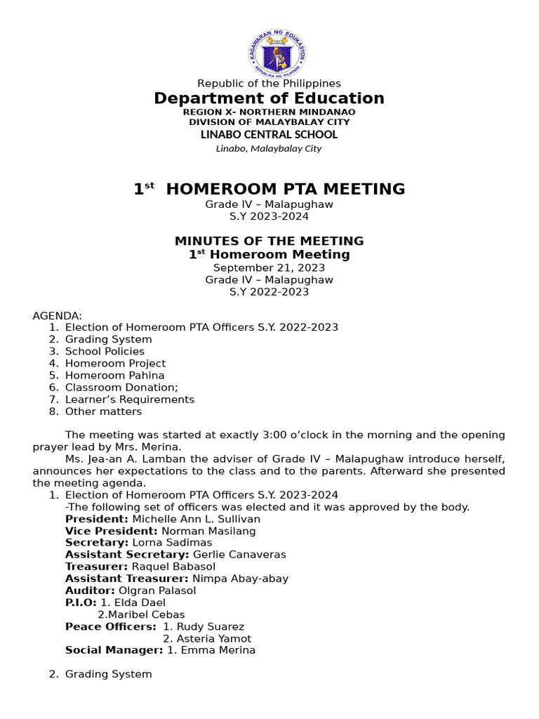 1st Homeroom PTA Meeting | PDF | Schools | Educational Institutions