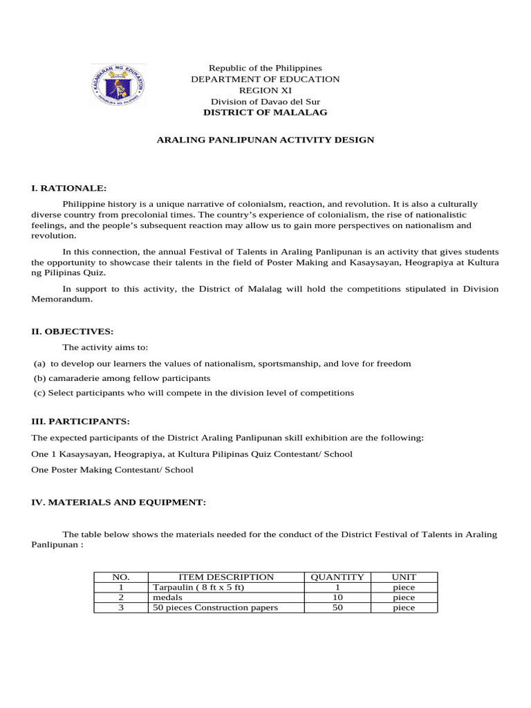 Aral Pan Activity Design | PDF