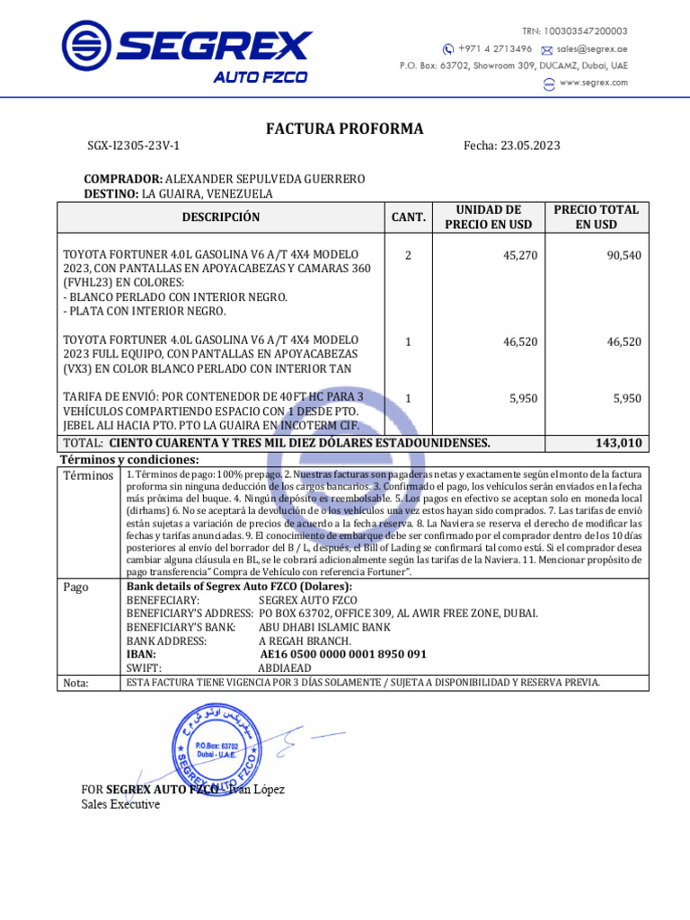 Factura Proforma Segrex Auto FZCO | PDF