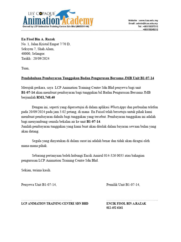 Contoh Surat Rasmi: Pendahuluan Pembayaran Tunggakan Badan Pengurusan ...