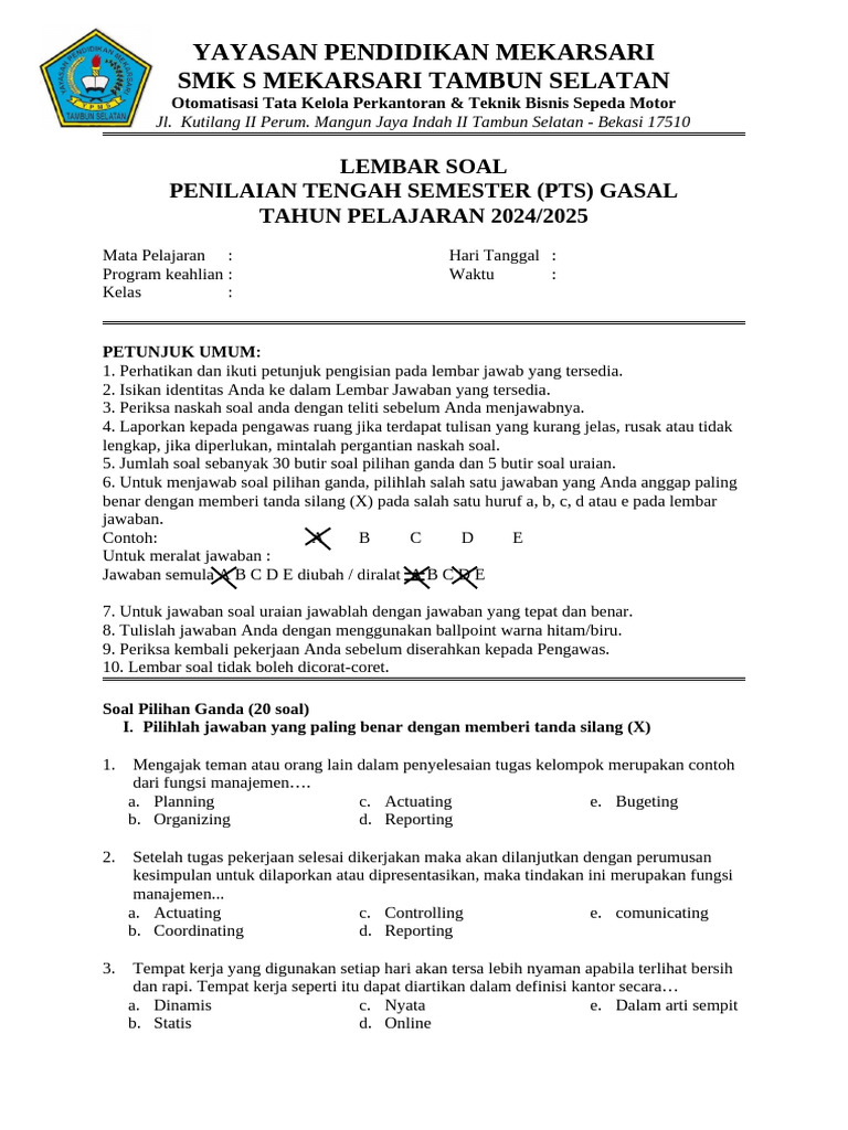 Soal Pts s1 Kelas X Otkp 2024 2025 | PDF | Karier & Perkembangan